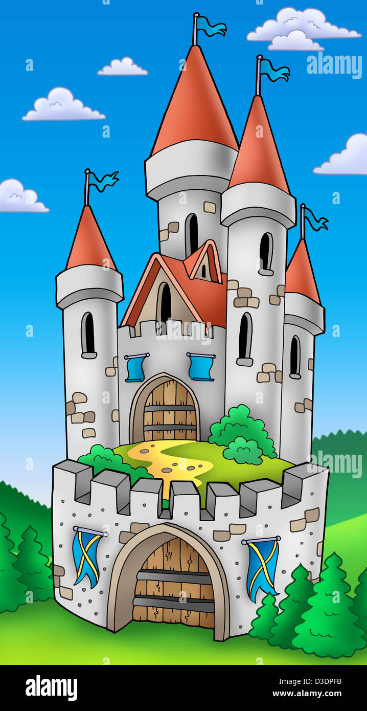 Tall castle with fortification - color illustration Stock Photo - Alamy