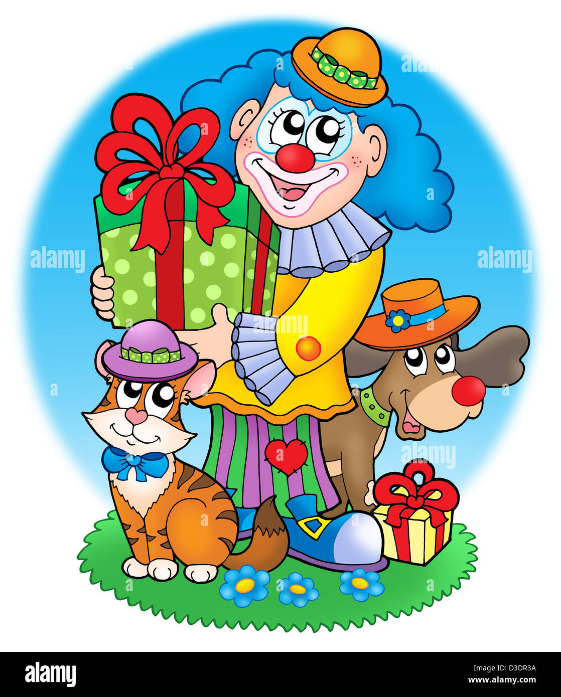 Circus clown with pets - color illustration Stock Photo - Alamy