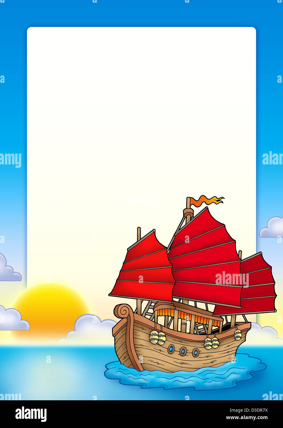Frame with Chinese ship - color illustration Stock Photo - Alamy