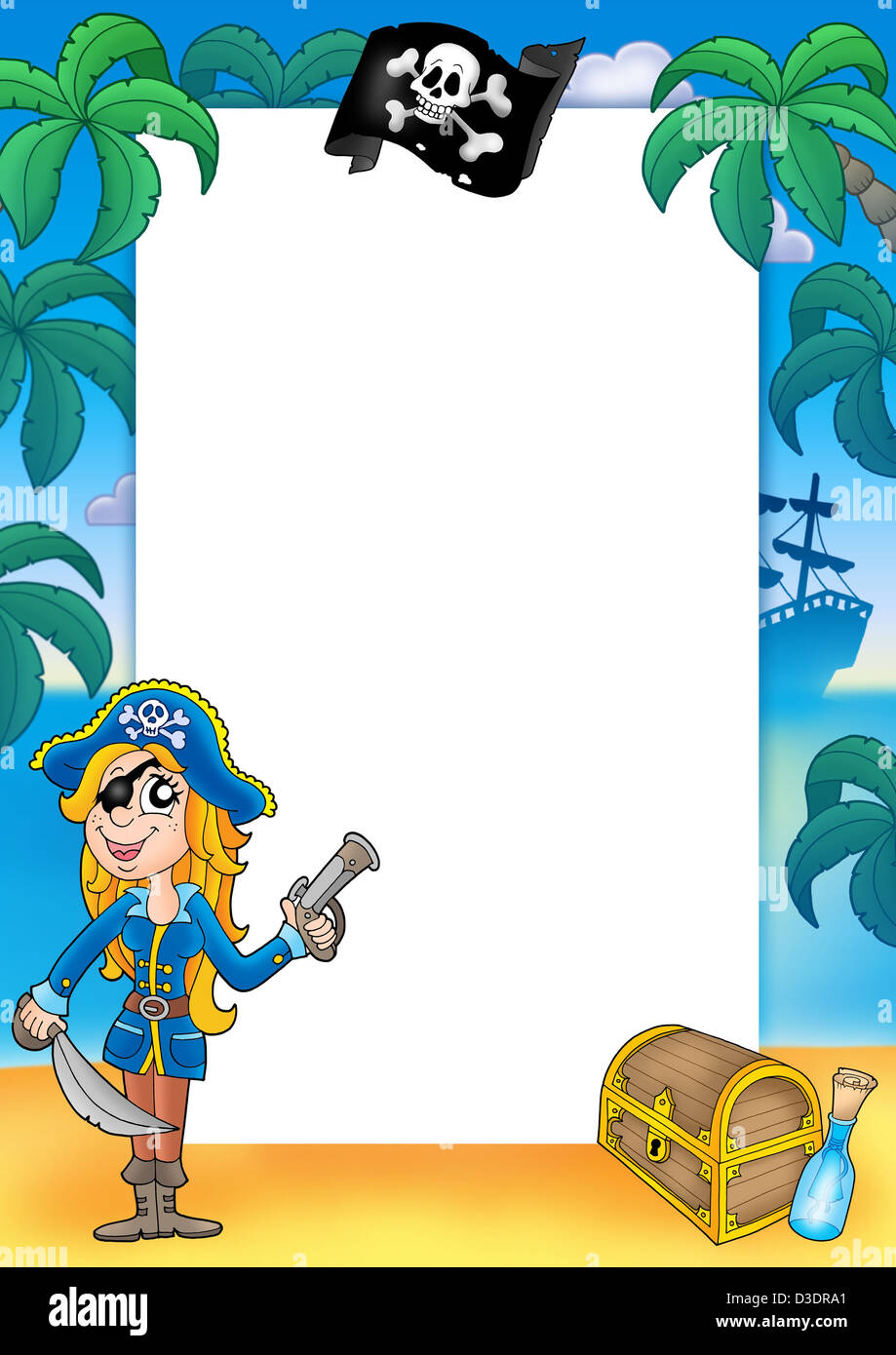 Frame with pirate woman 2 - color illustration Stock Photo - Alamy