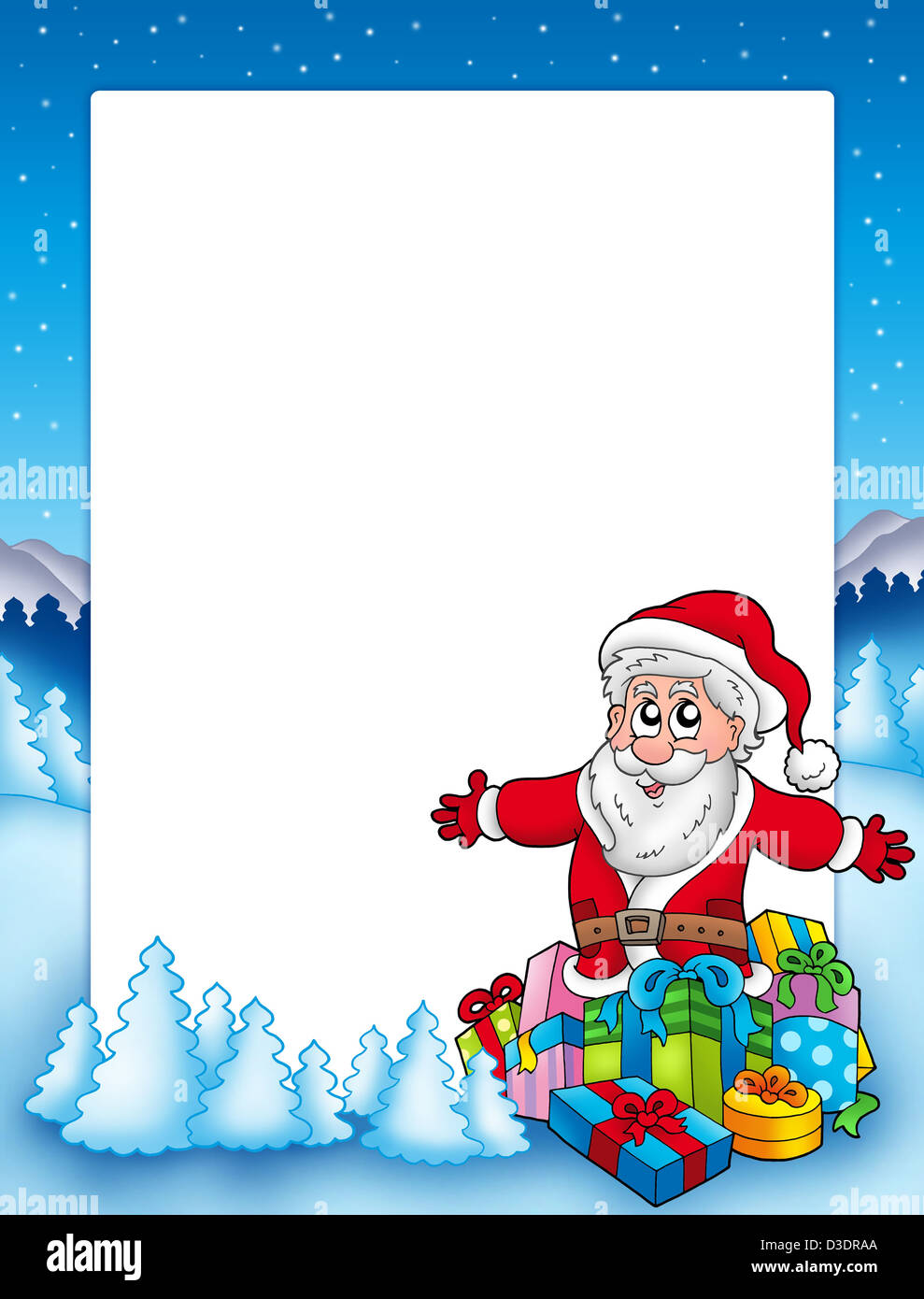 Frame with Santa and pile of gifts - color illustration Stock Photo - Alamy