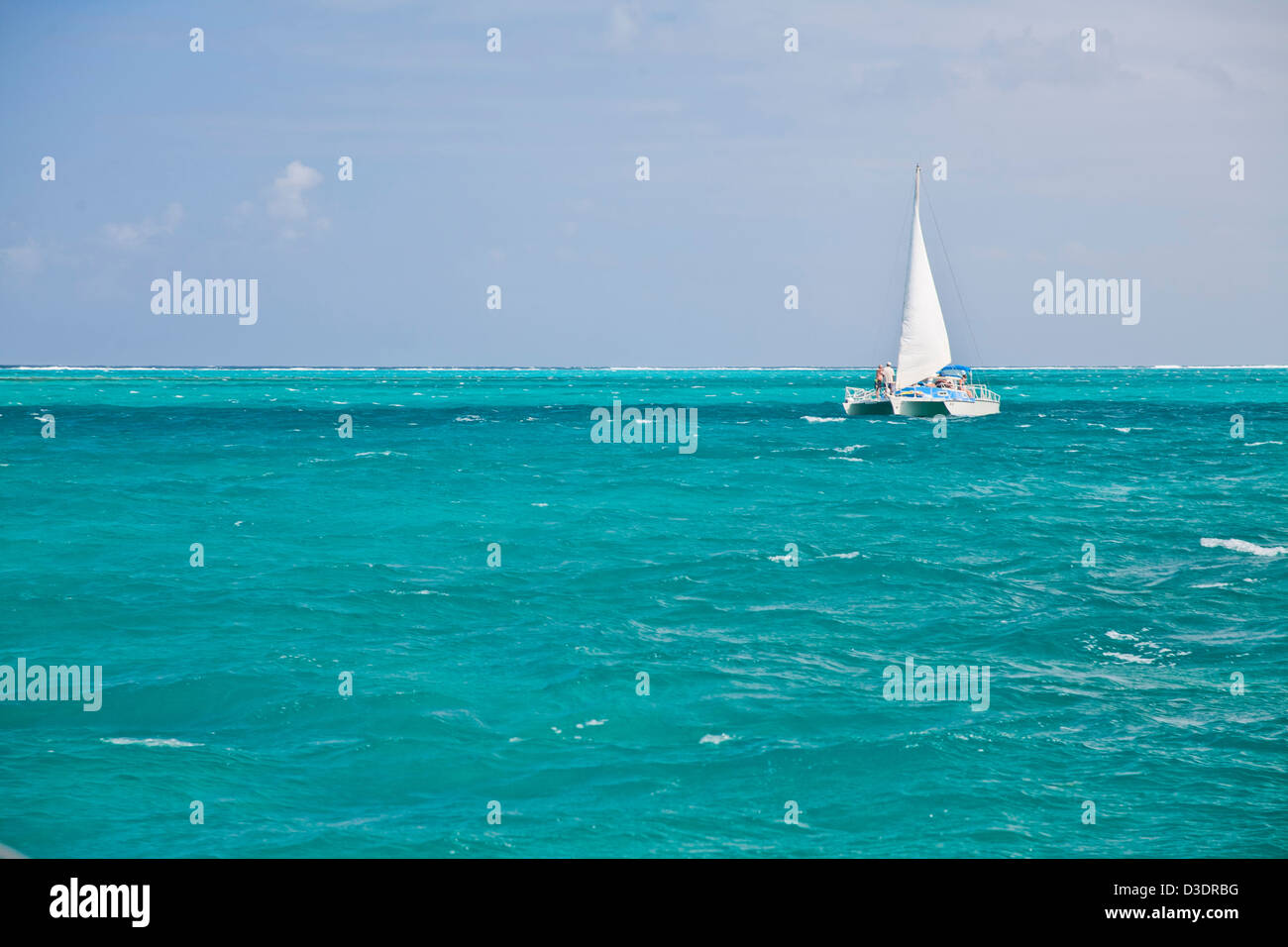 Trimaran sailboat sailing in bright turquoise tropical water in Grand ...