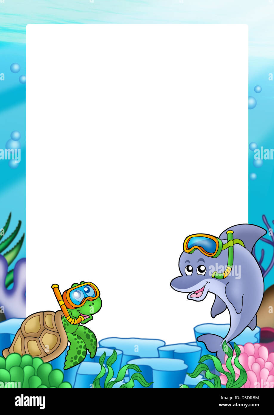 Frame with turtle and dolphin - color illustration Stock Photo - Alamy