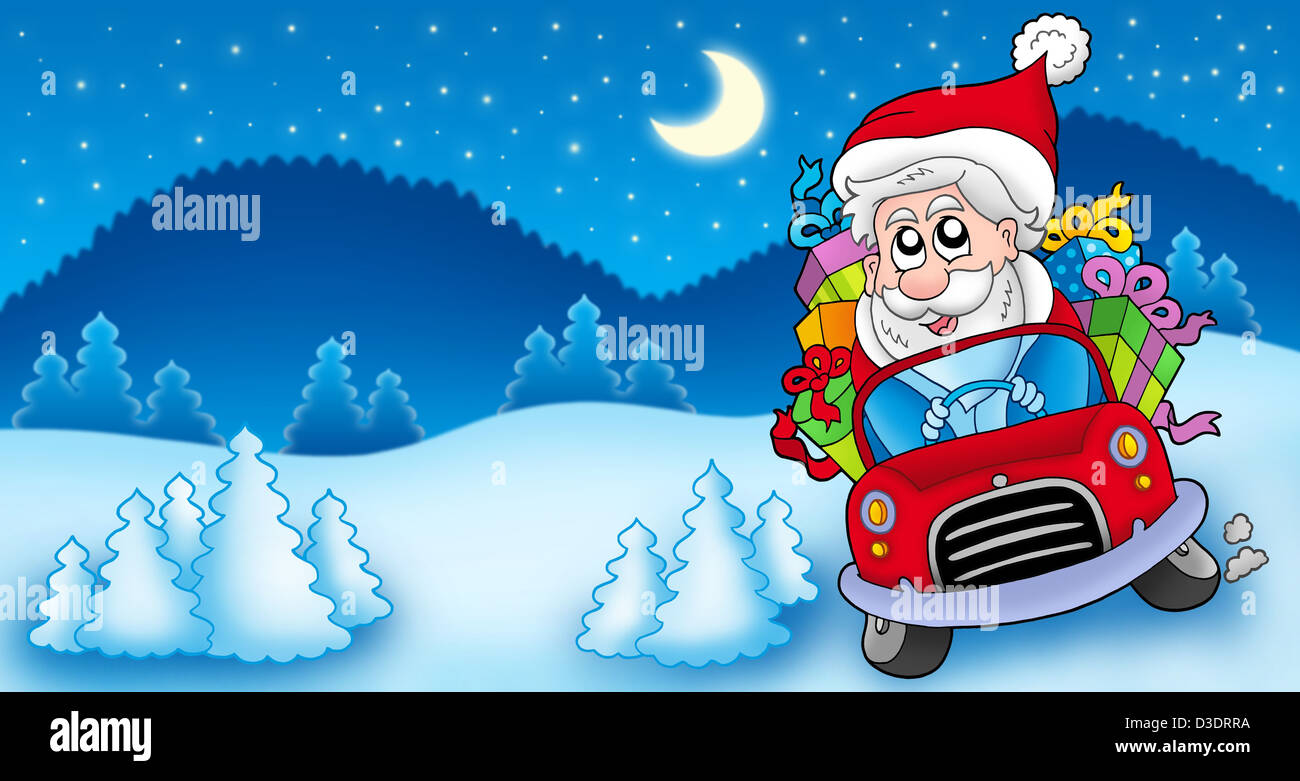 Landscape with Santa Claus driving car - color illustration Stock Photo ...