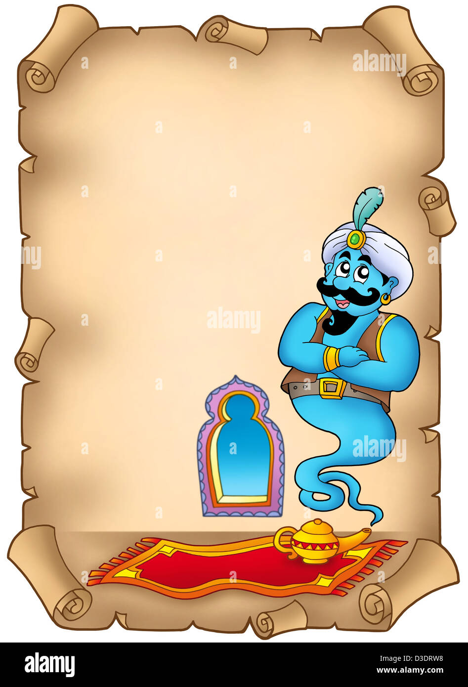 Old parchment with genie - color illustration Stock Photo - Alamy