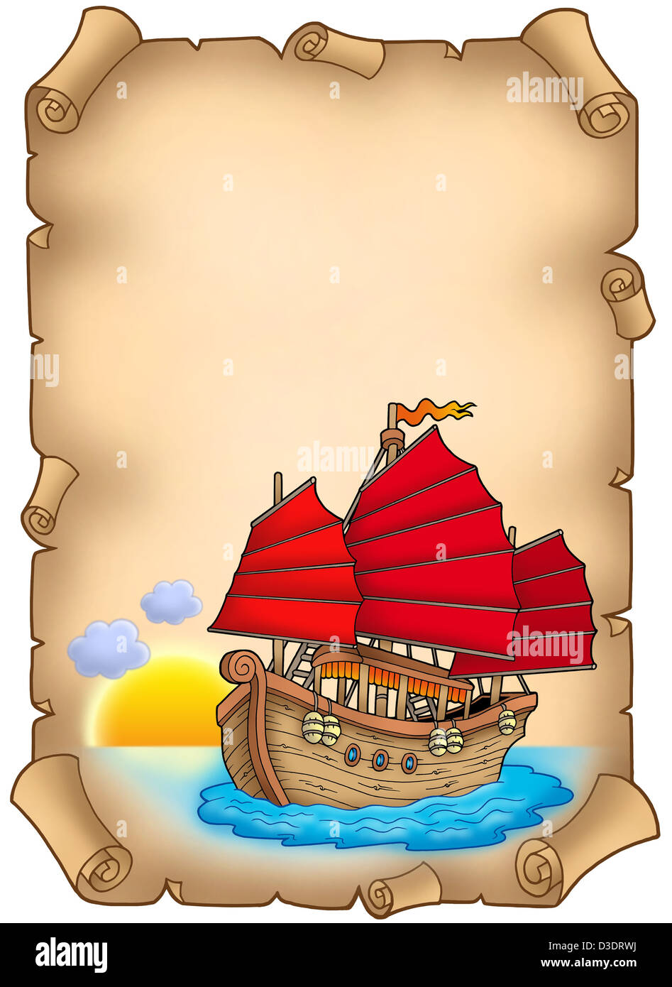 Old scroll with Chinese ship - color illustration Stock Photo - Alamy