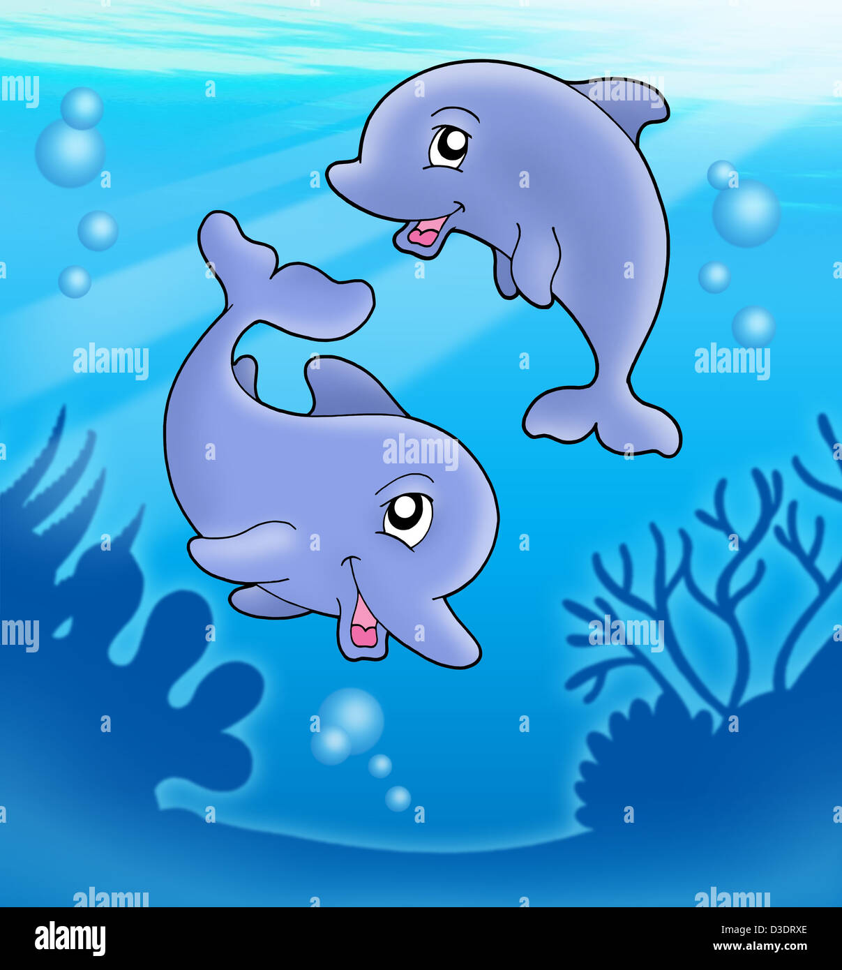 Pair of cute playing dolphins - color illustration Stock Photo - Alamy