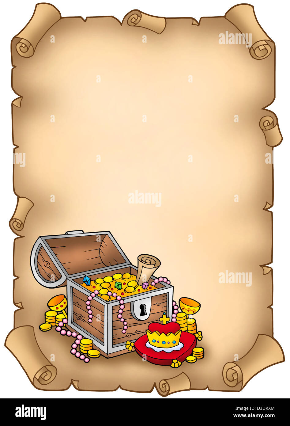 Parchment with big treasure chest - color illustration Stock Photo - Alamy