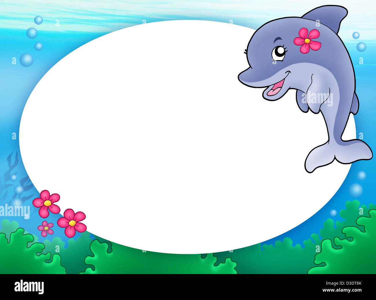 Round frame with dolphin girl - color illustration Stock Photo - Alamy
