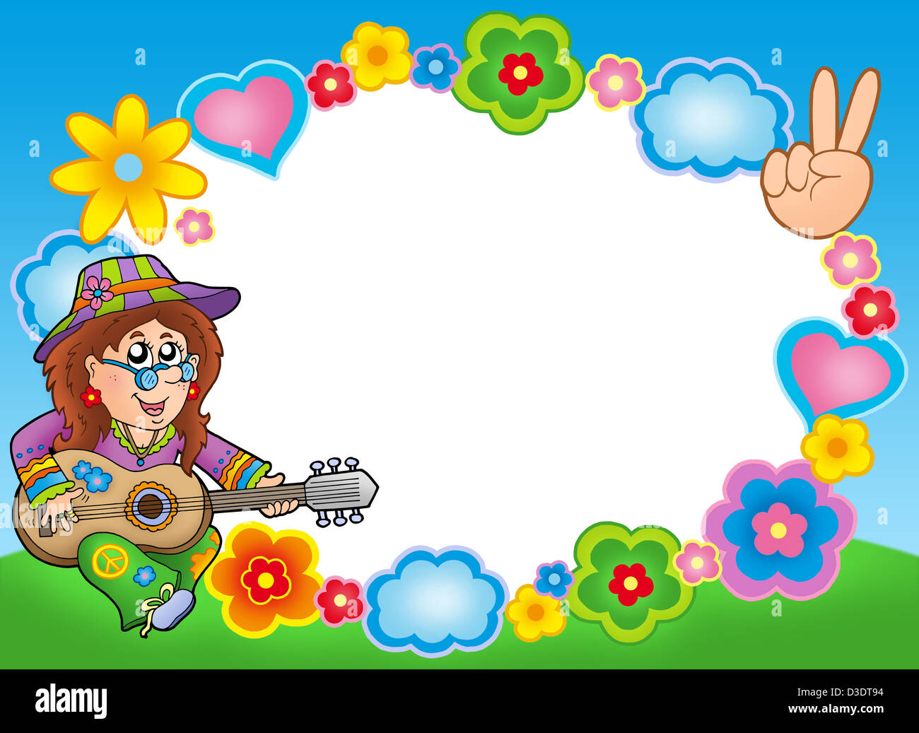Round hippie frame with guitarist - color illustration Stock Photo - Alamy