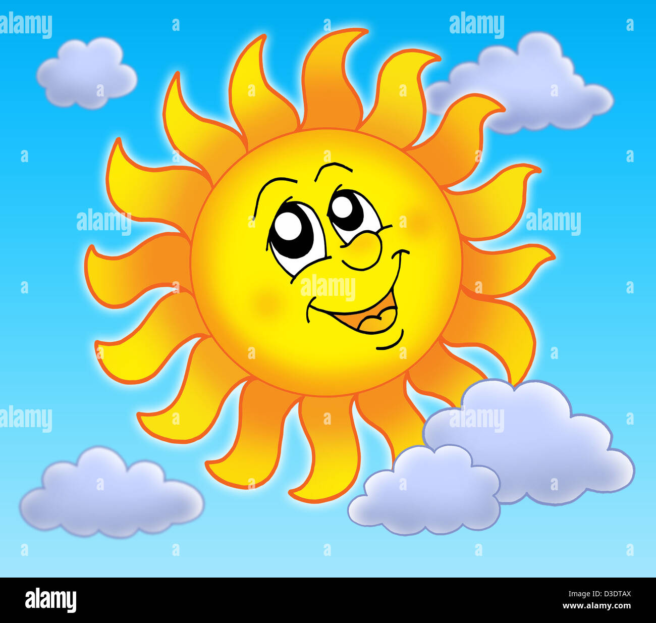 Smiling Sun on blue sky - color illustration Stock Photo - Alamy