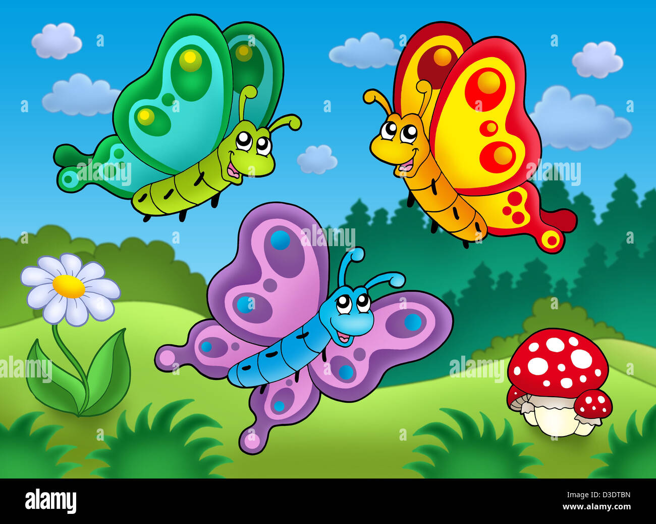Three cute butterflies on meadow - color illustration Stock Photo - Alamy