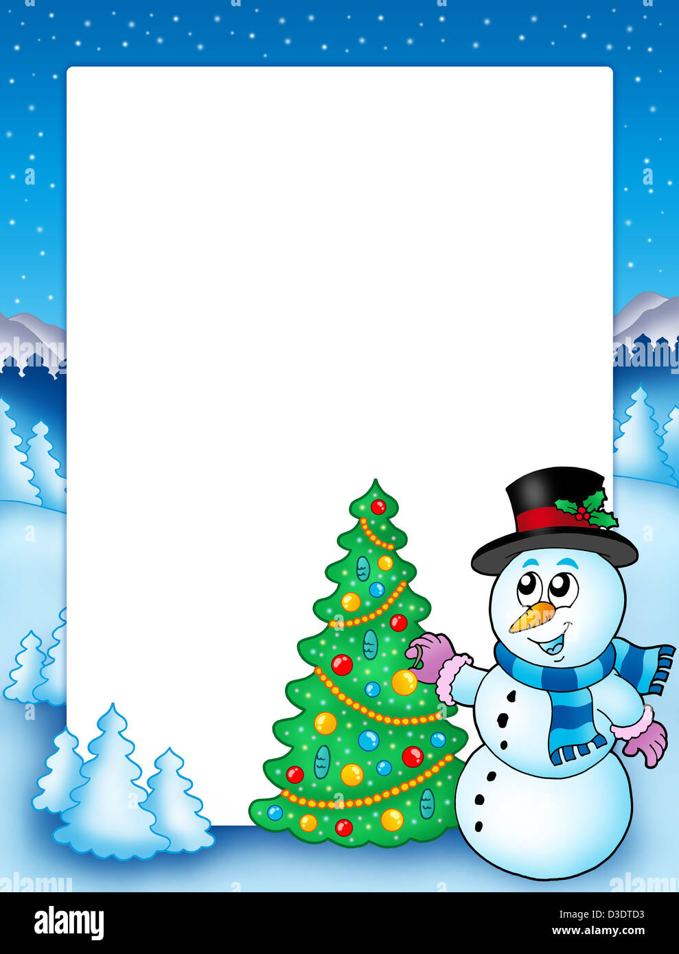 Winter frame with snowman and tree - color illustration Stock Photo - Alamy