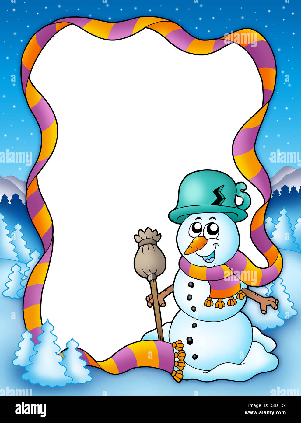 Winter frame with snowman and trees - color illustration Stock Photo ...