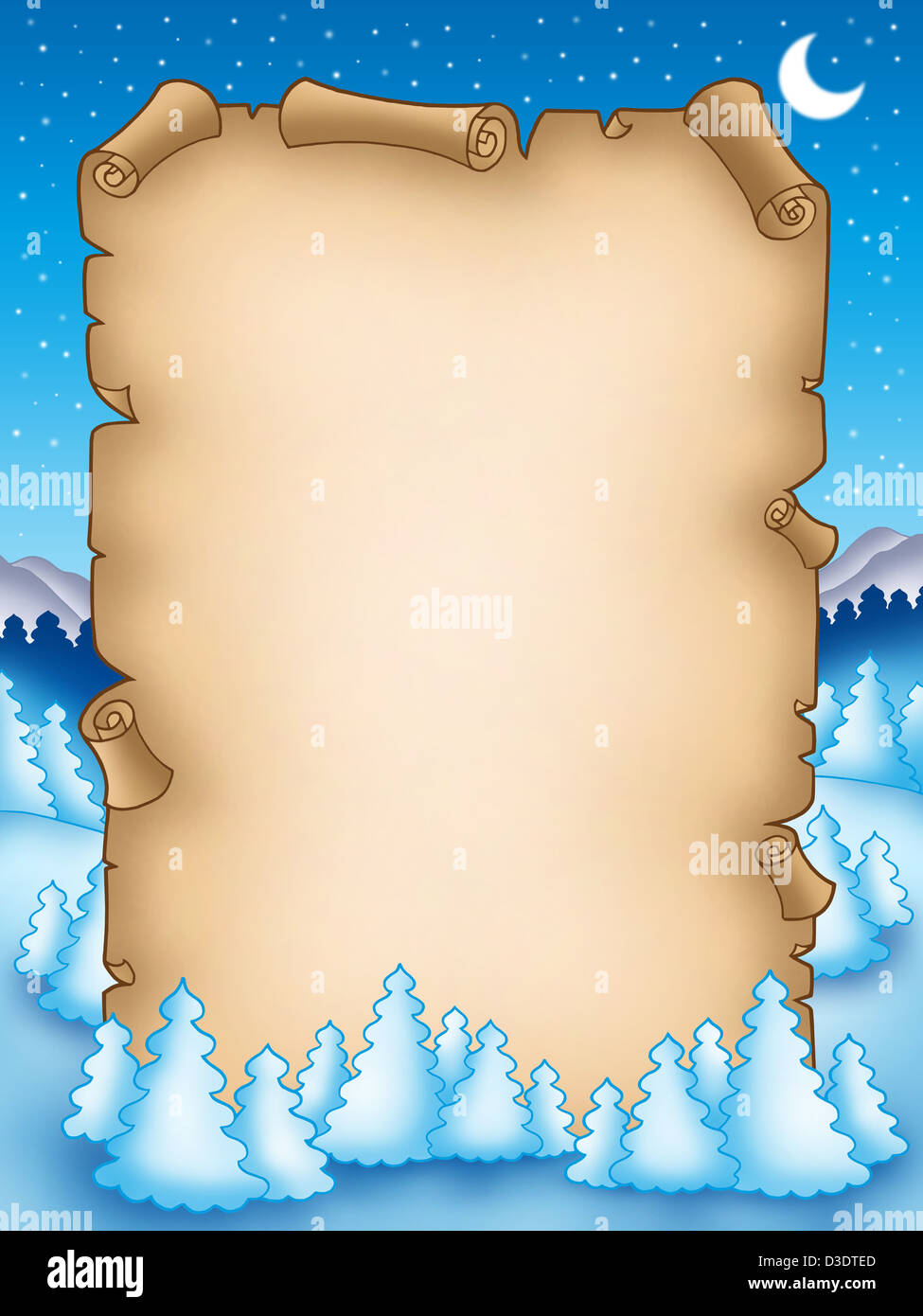 Winter parchment with snowy landscape 2 - color illustration Stock ...