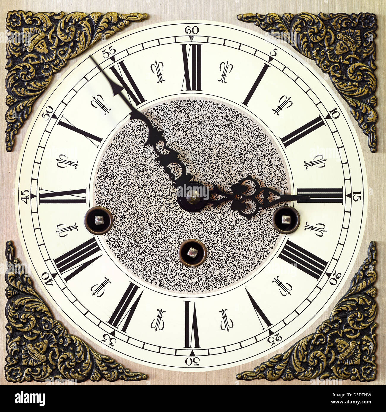 Closeup of an old table clock with decorations, vintage style Stock ...
