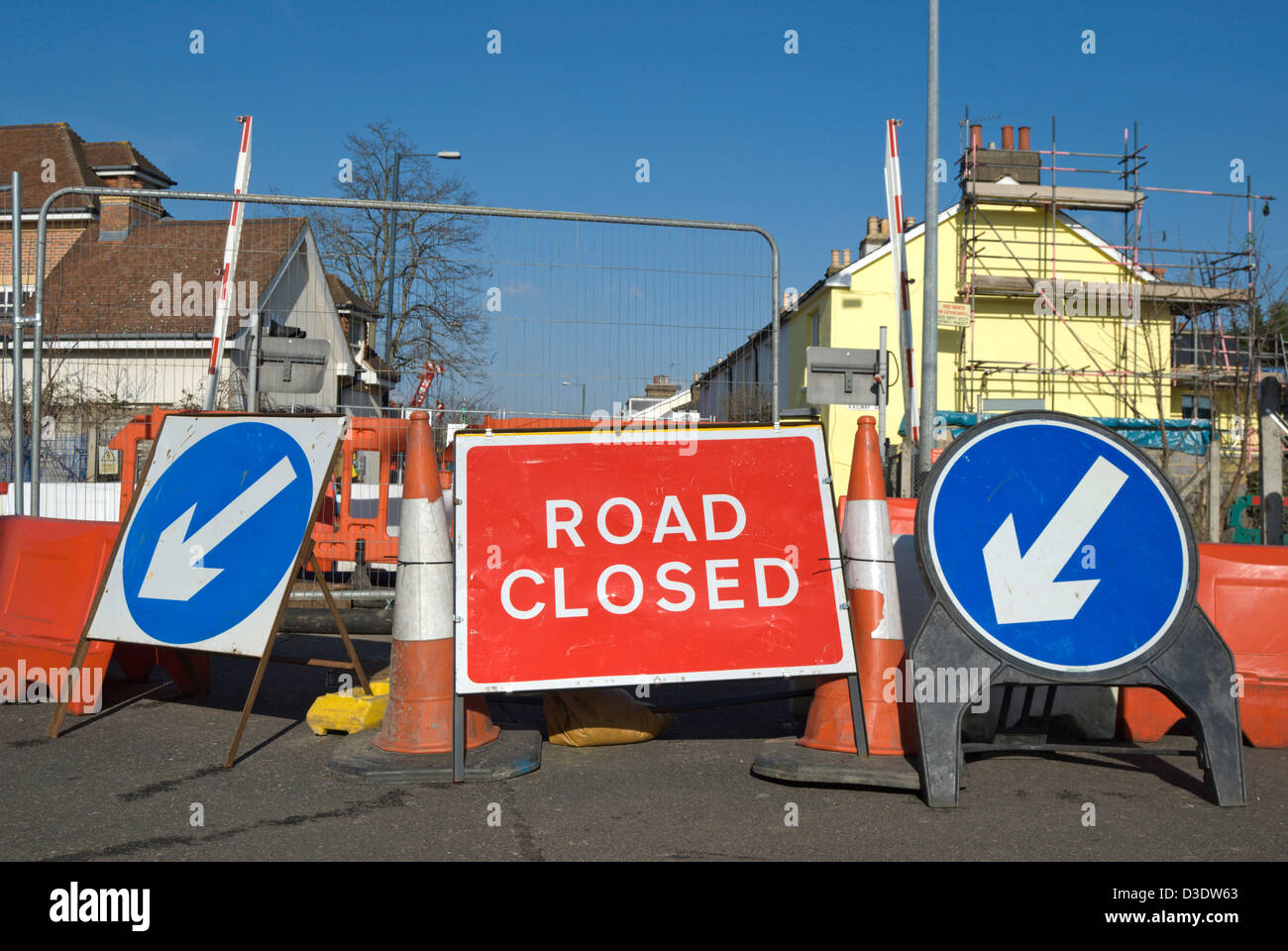road closed and direction signs in mortlake, southwest london, england ...