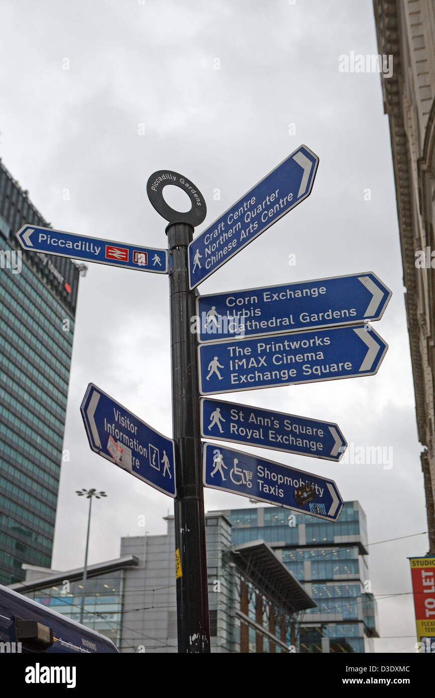 Blue street information sign in Manchester England Stock Photo - Alamy