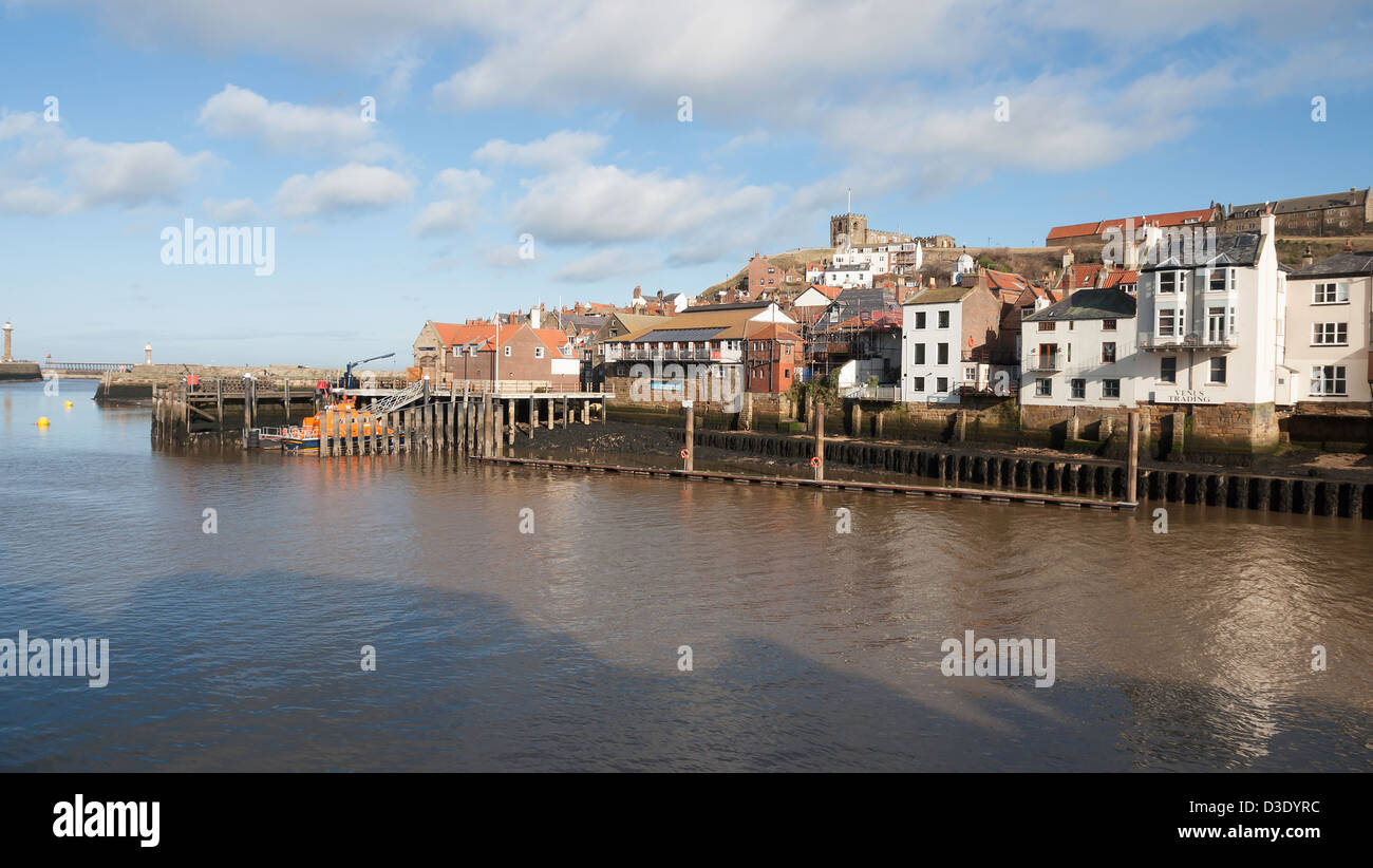 Whitby harbour panorama with the lifeboat station and St Mary's church ...