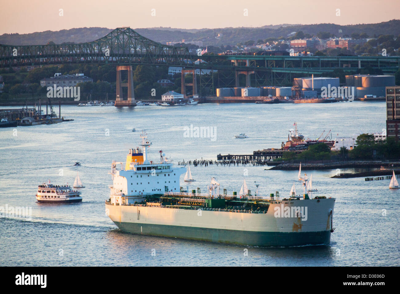 Boats in a river with a bridge in the background, Tobin Bridge, Chelsea ...