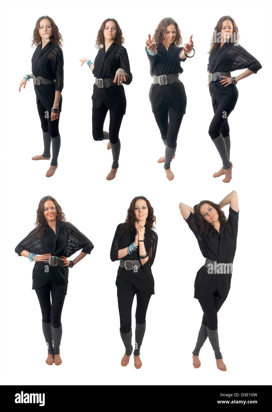 seven poses set of curly brunette girl in black dress isolated on white ...