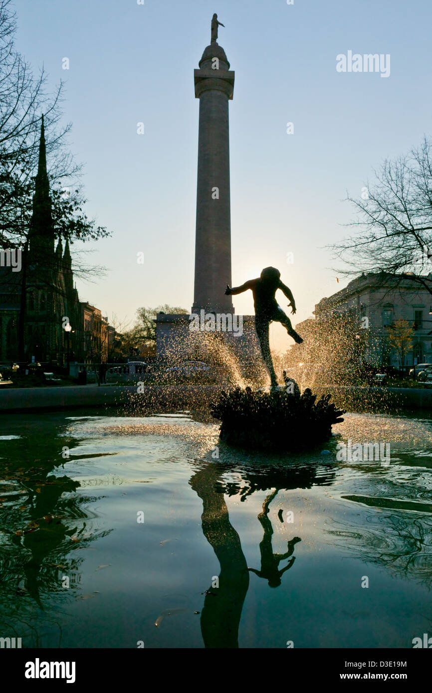 Washington Monument of Charles Street Baltimore Maryland and fountain ...