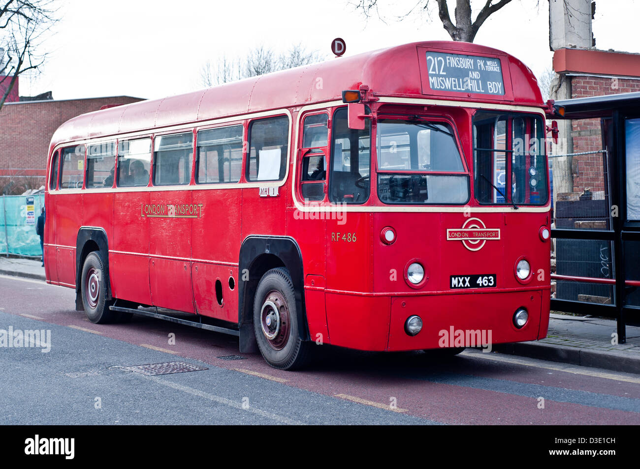 London, UK – 17 February 2013: red RF single decker buses run from ...