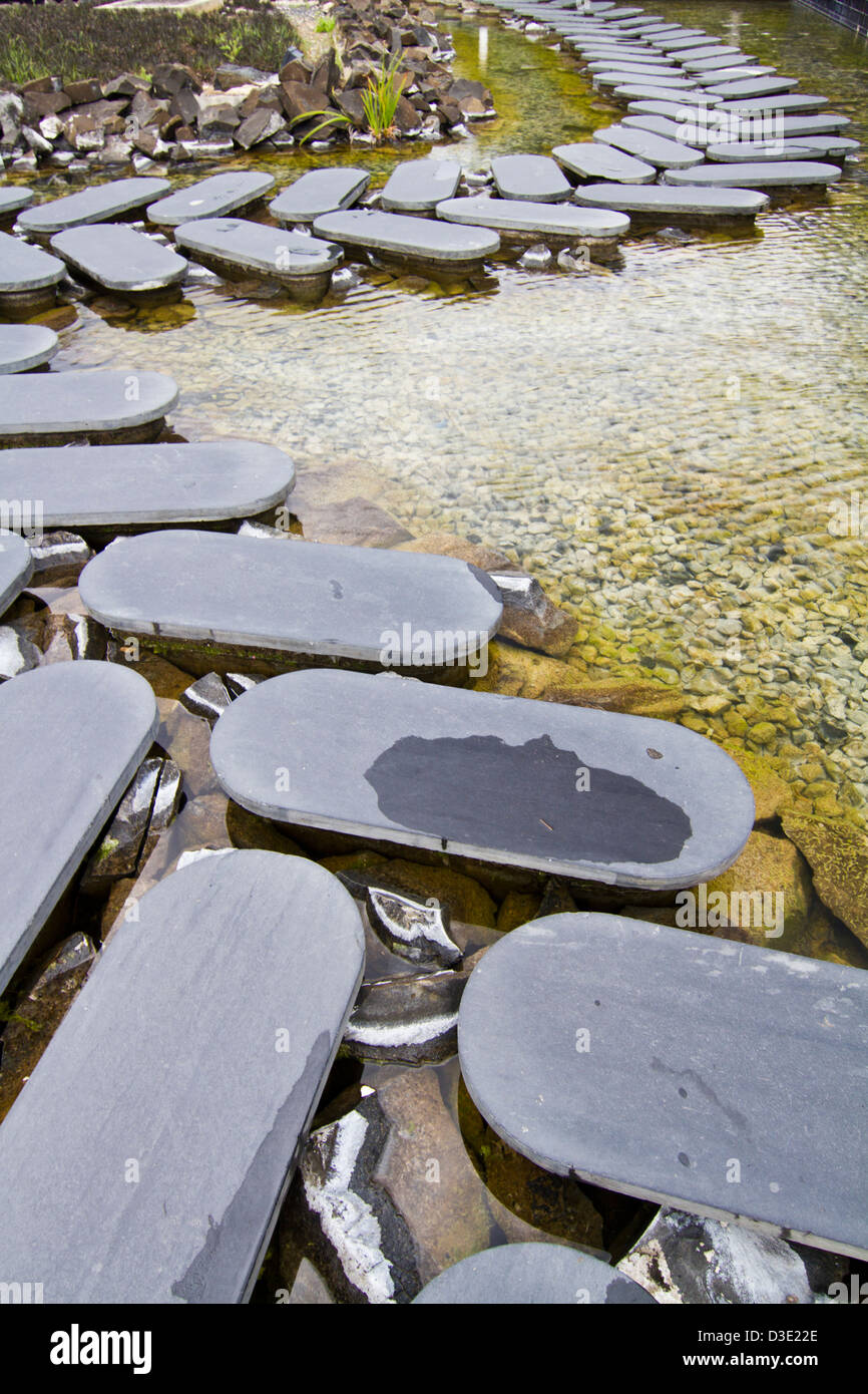 View of a curved step-by-step stone road on a urban park over a lake ...