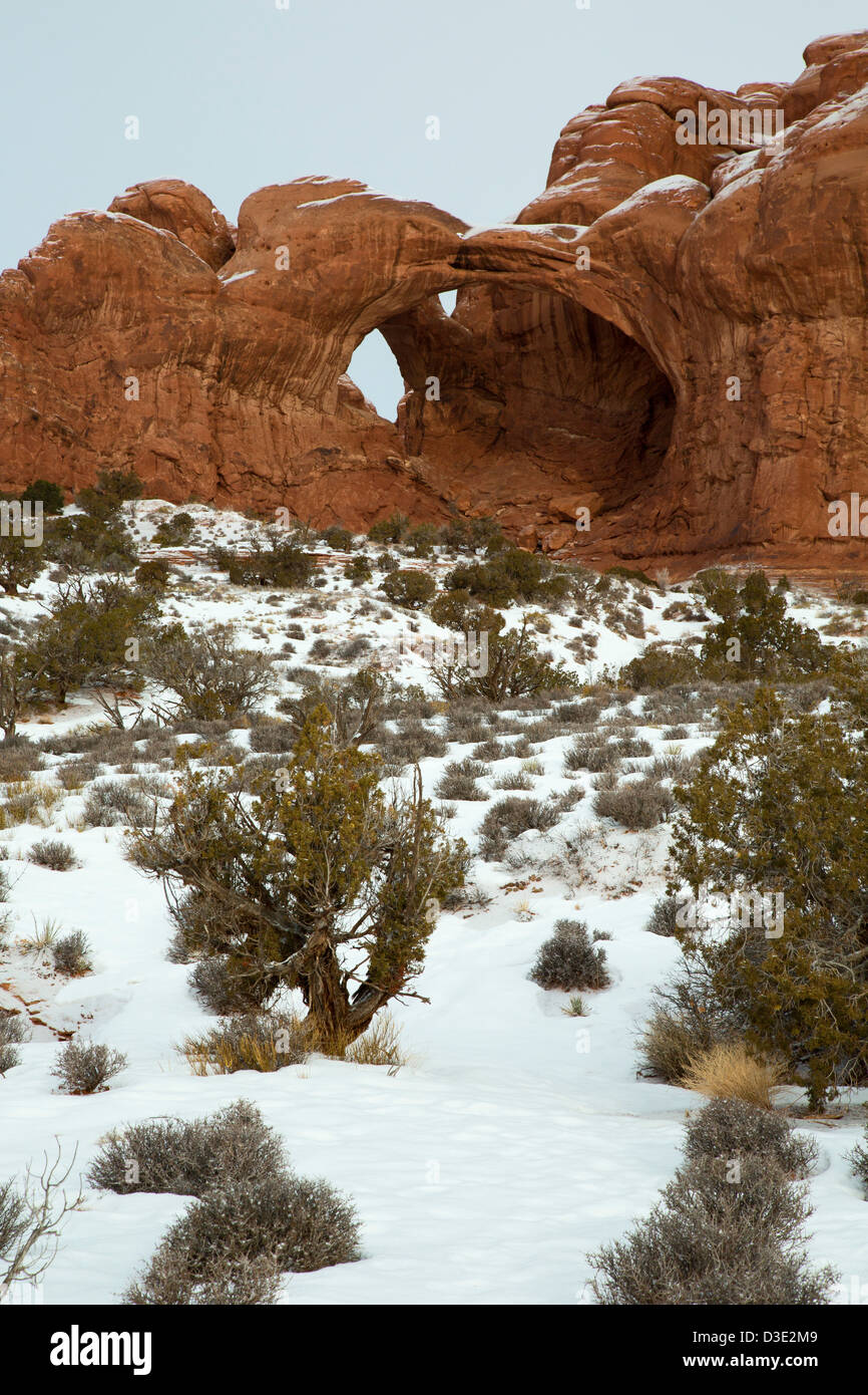 Moab, Utah - Double Arch in winter in Arches National Park Stock Photo ...