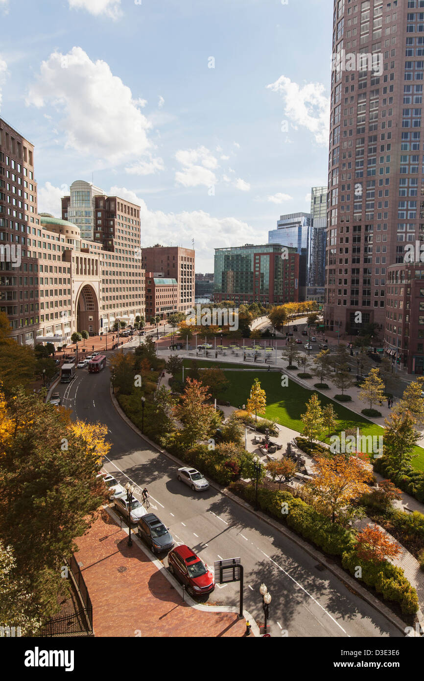 Skyscrapers in a city, Rose Kennedy Greenway, Boston Harbor Hotel ...