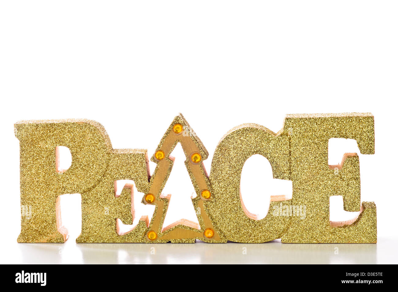 Word spells peace in glittery gold letters; isolated on white ...