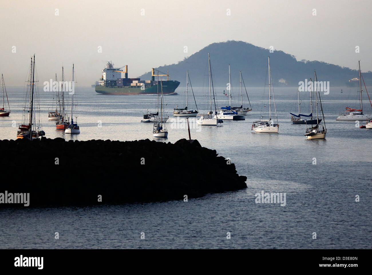 A ship approaches the Pacific Ocean entrance to the Panama Canal ...