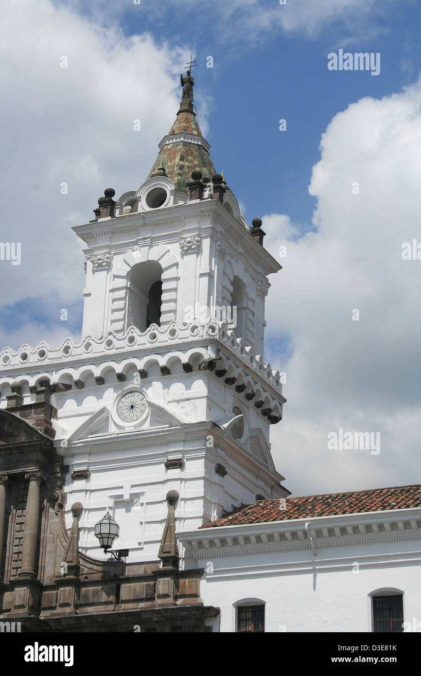 The bell tower on the church at the San Francisco Monastery in Quito ...