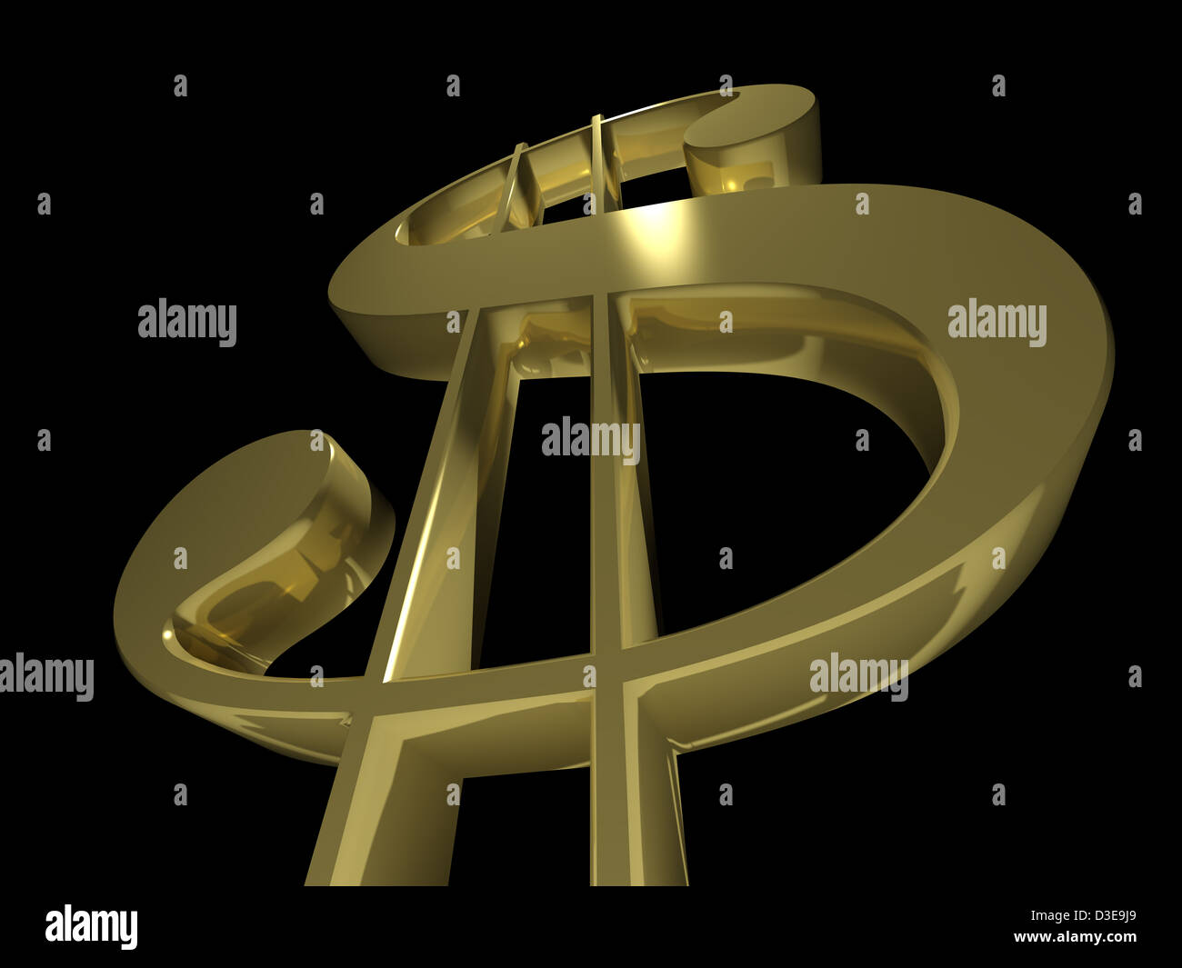 3d render illustration of a big gold dollar symbol shot from below with ...
