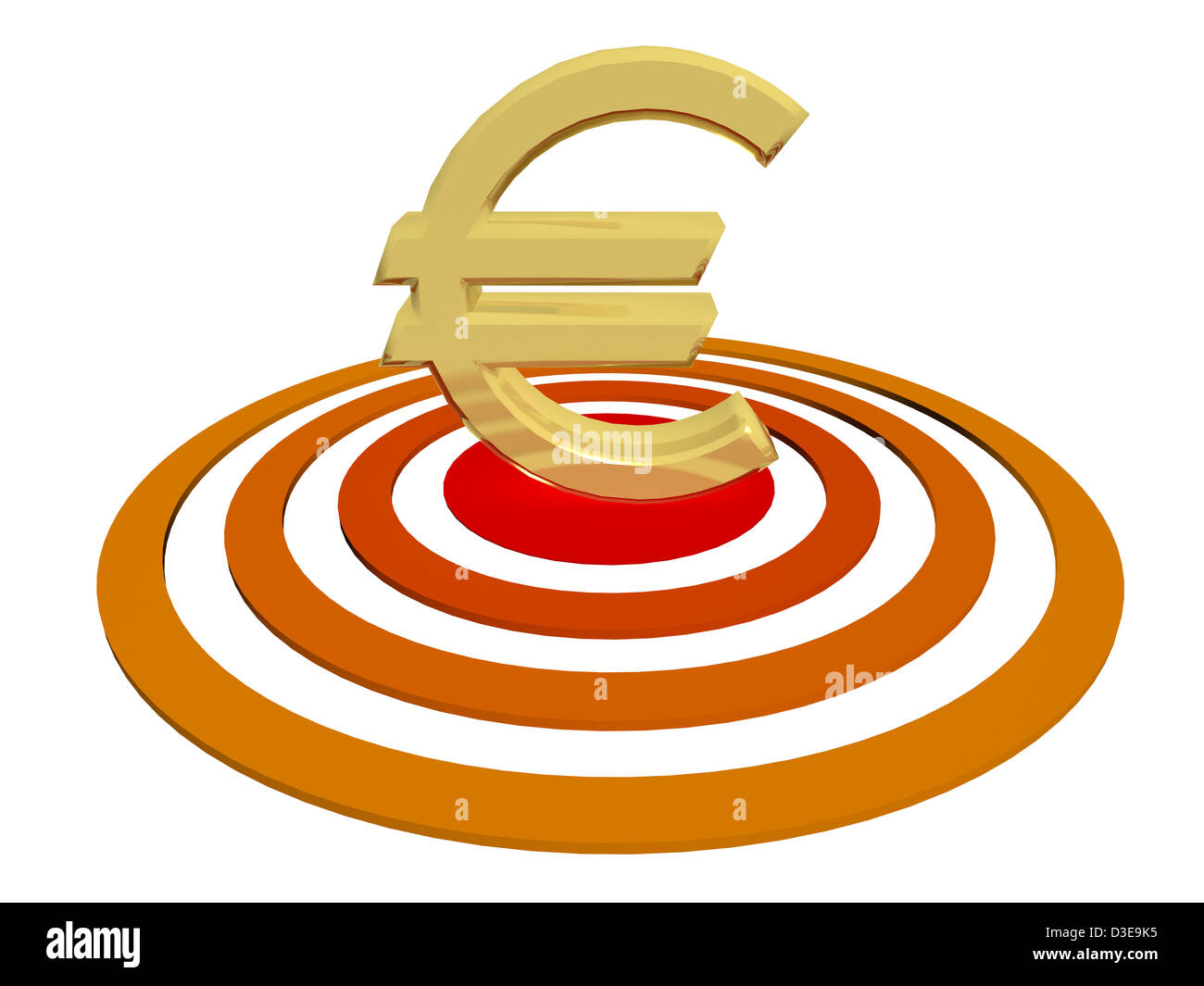 3d render illustration of a golden euro symbol on a red target mark ...