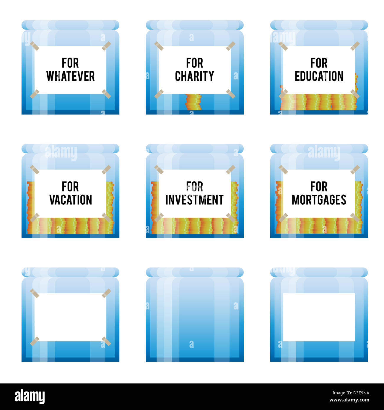 Vector illustration of several labeled glass containers with gold ...