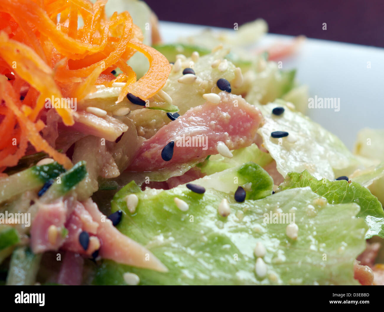 Japan salad with smoked chicken and vegetables closeup Stock Photo - Alamy