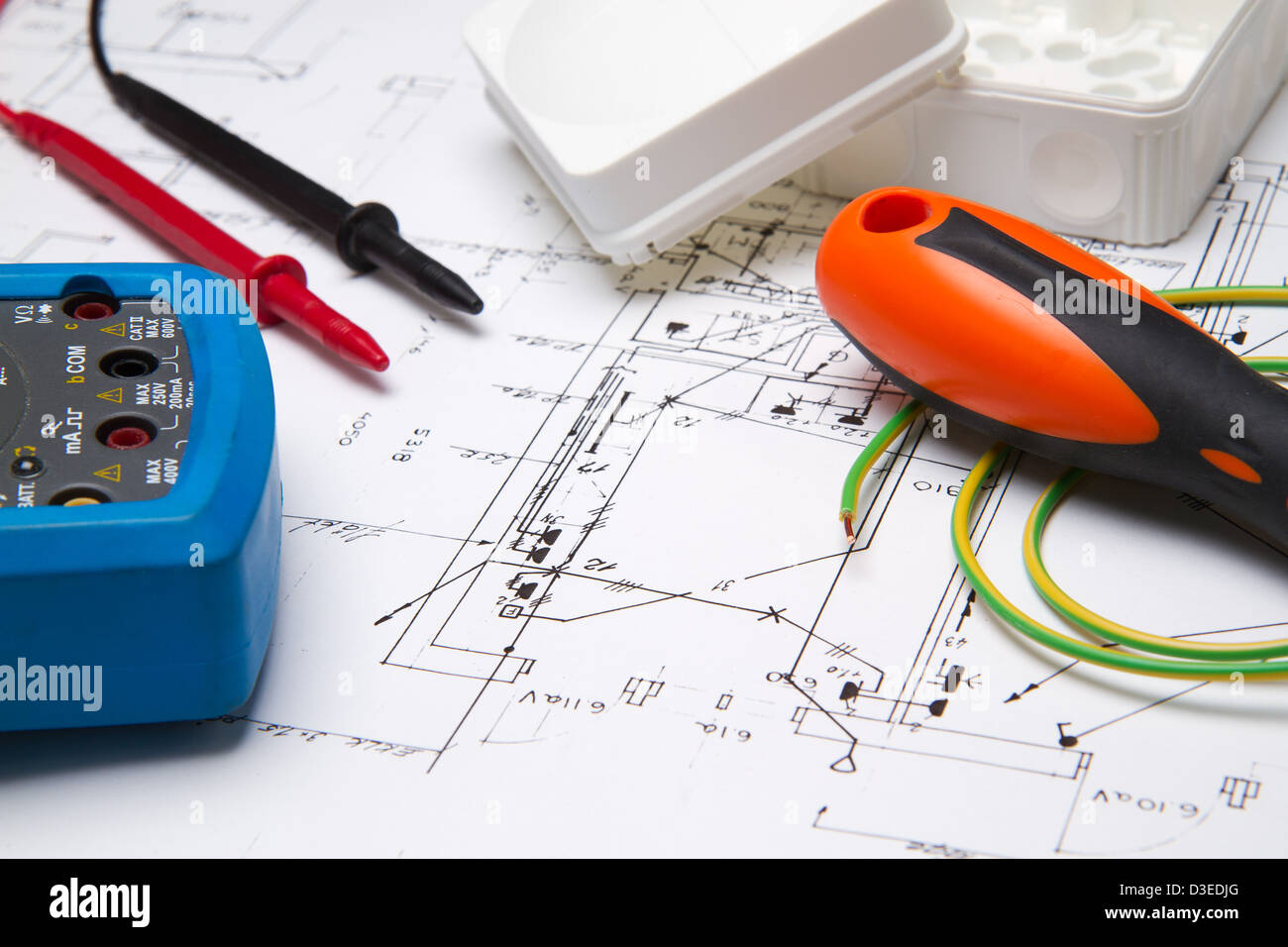 A set of electrical instruments laying on blueprint Stock Photo - Alamy