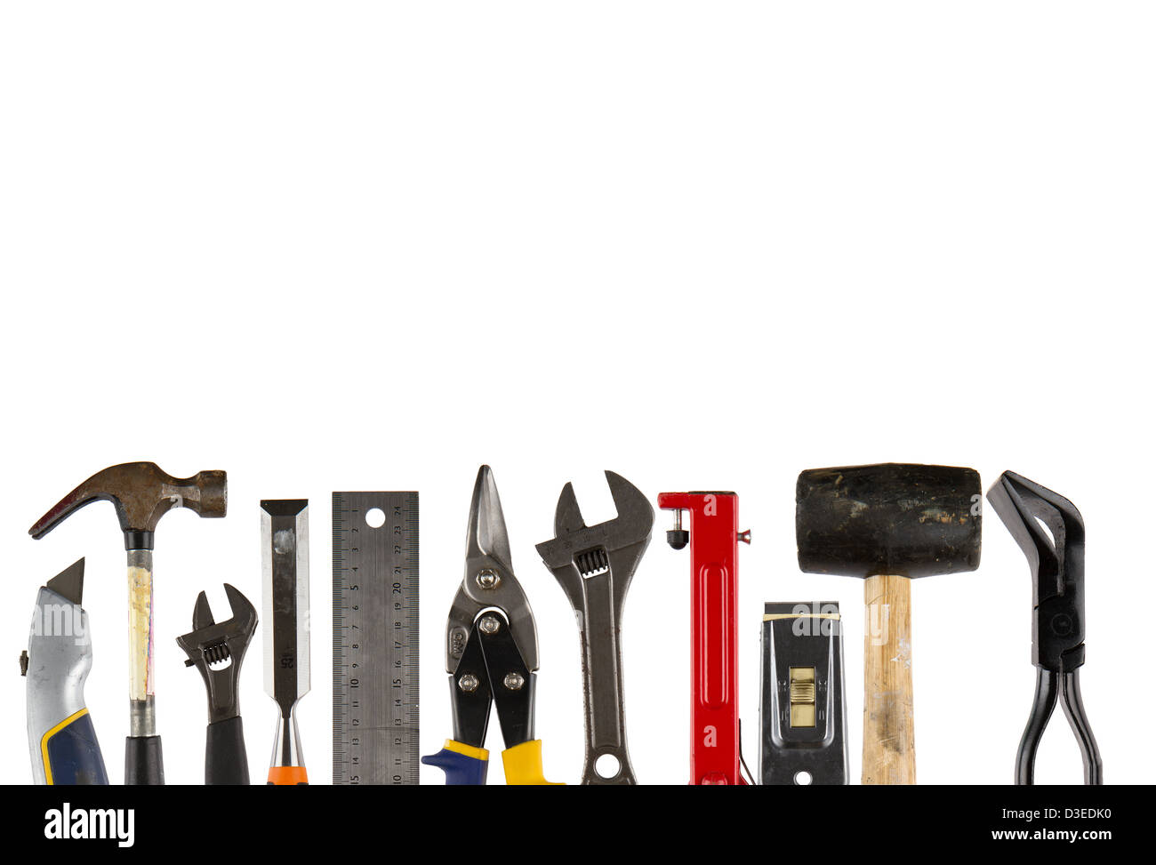 A collection of used isolated tools on white background with copy space ...