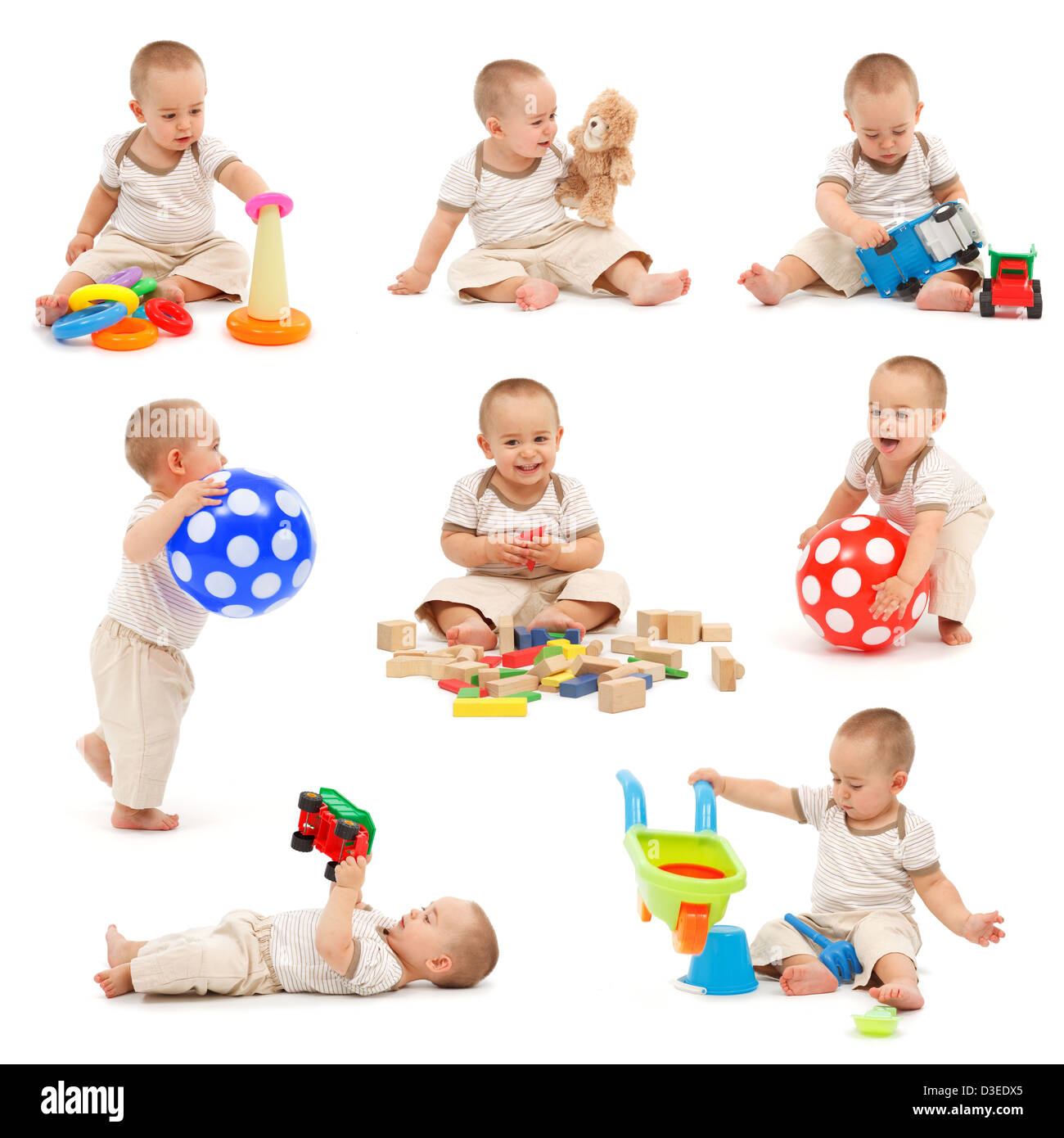 Collage of a little boy playing with various toys. Isolated on white ...