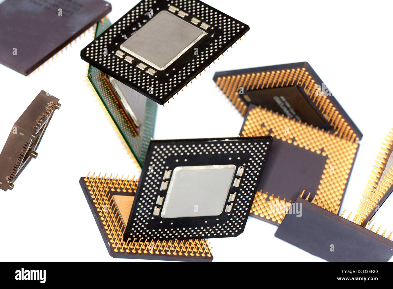 Close view detail of some computer microprocessors isolated on a white ...