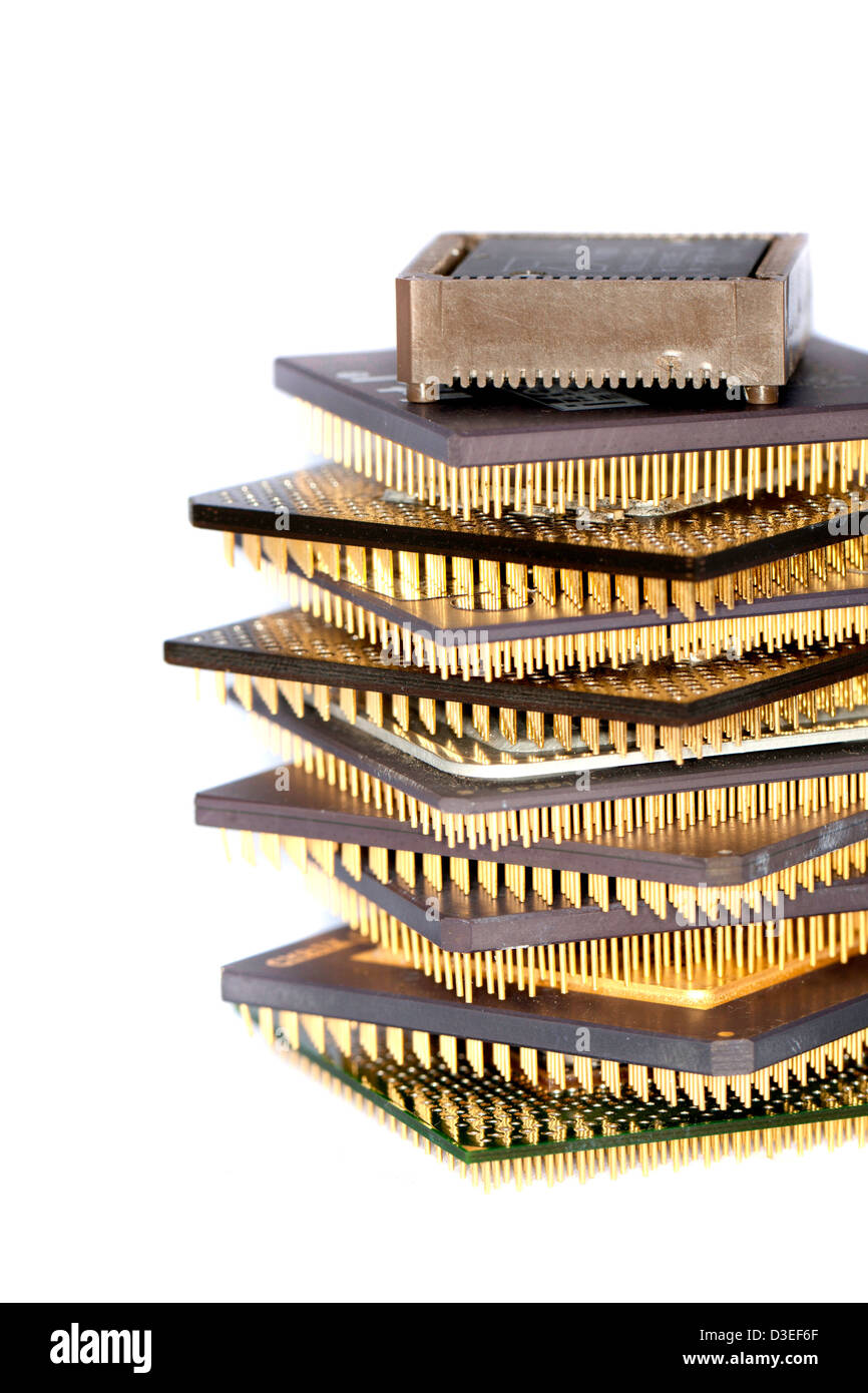 Close view detail of some computer microprocessors isolated on a white ...