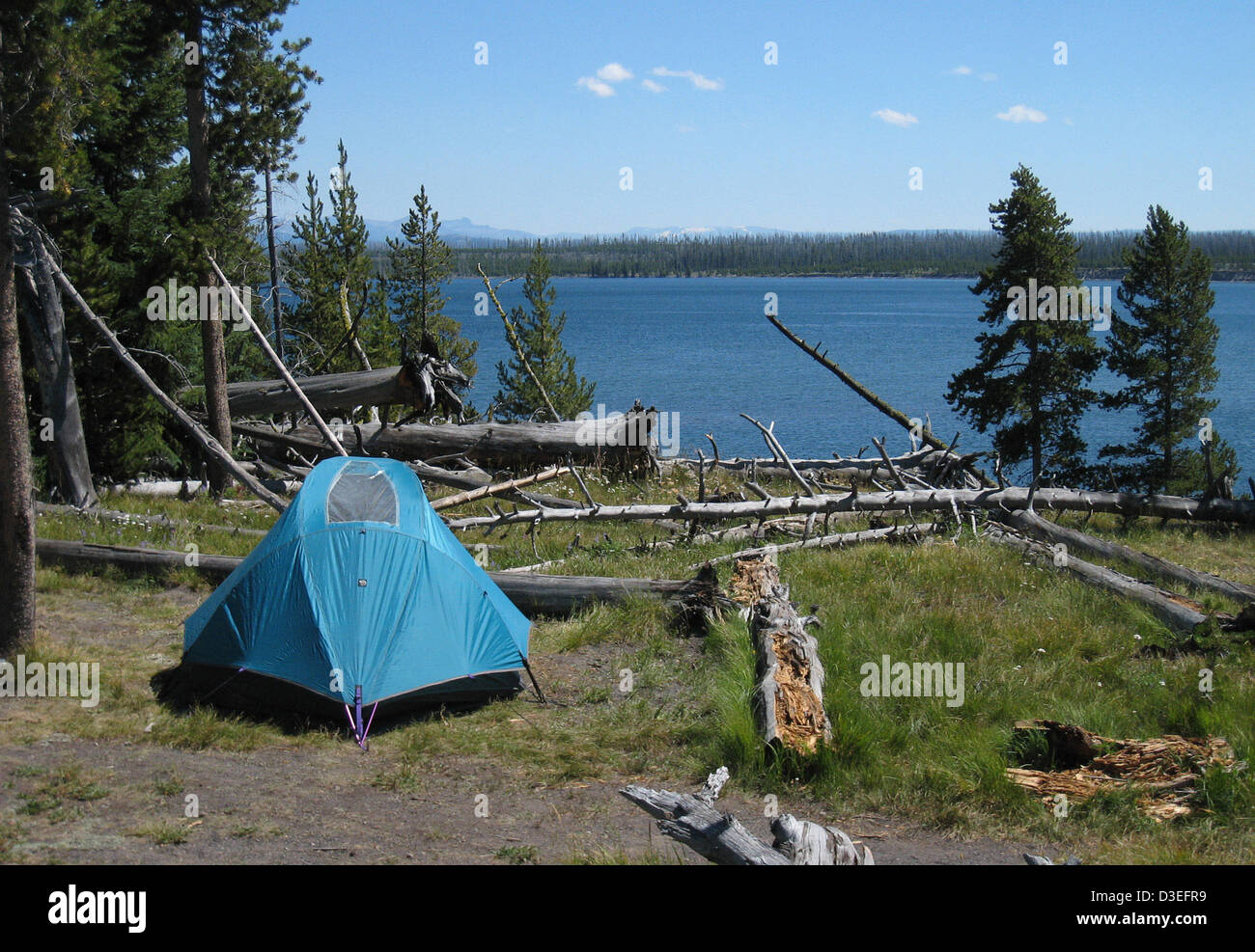 A campsite located on Yellowstone Lake provides visitors with a scenic ...