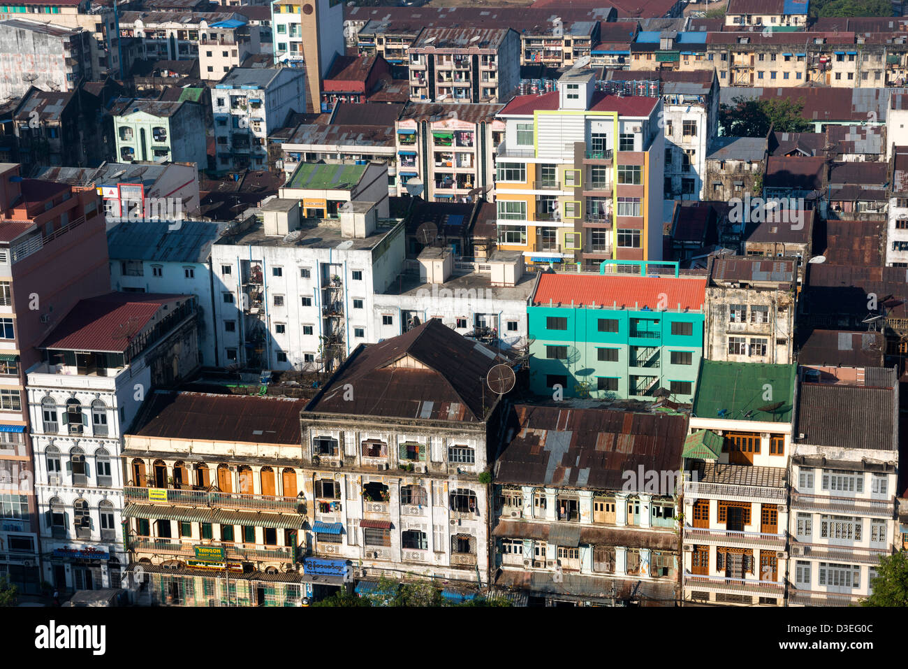 Skyline of central Yangon city with old and new buildings Rangoon ...