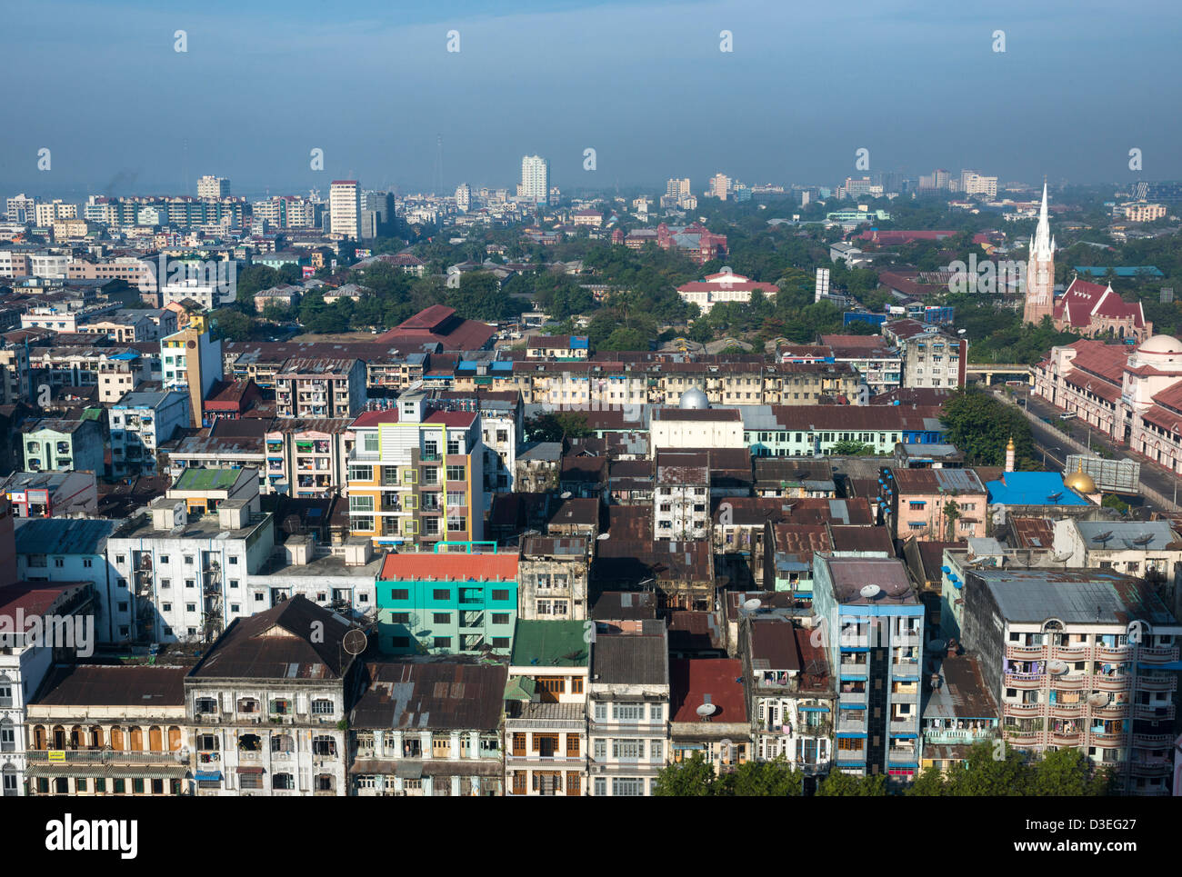 Skyline of central Yangon city with old and new buildings Rangoon ...