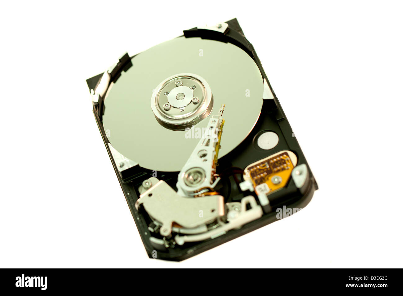 close view detail of the inside of a computer harddisk isolated on a ...