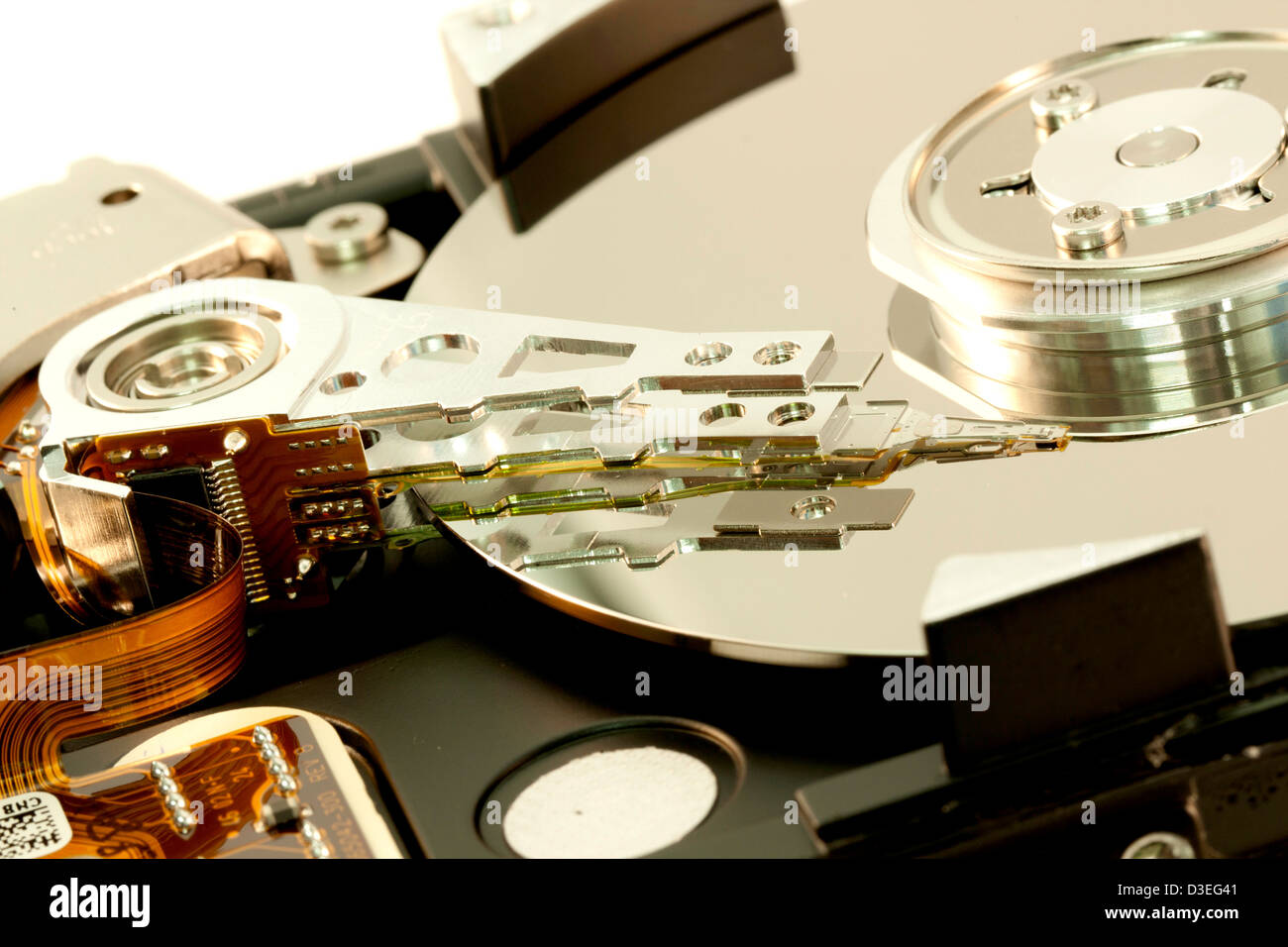 close view detail of the inside of a computer harddisk isolated on a ...