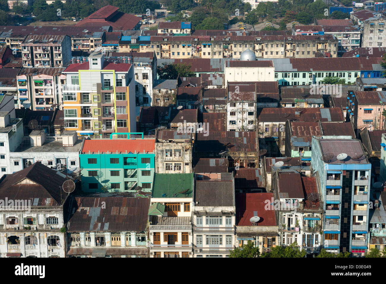 Skyline of central Yangon city with old and new buildings Rangoon ...