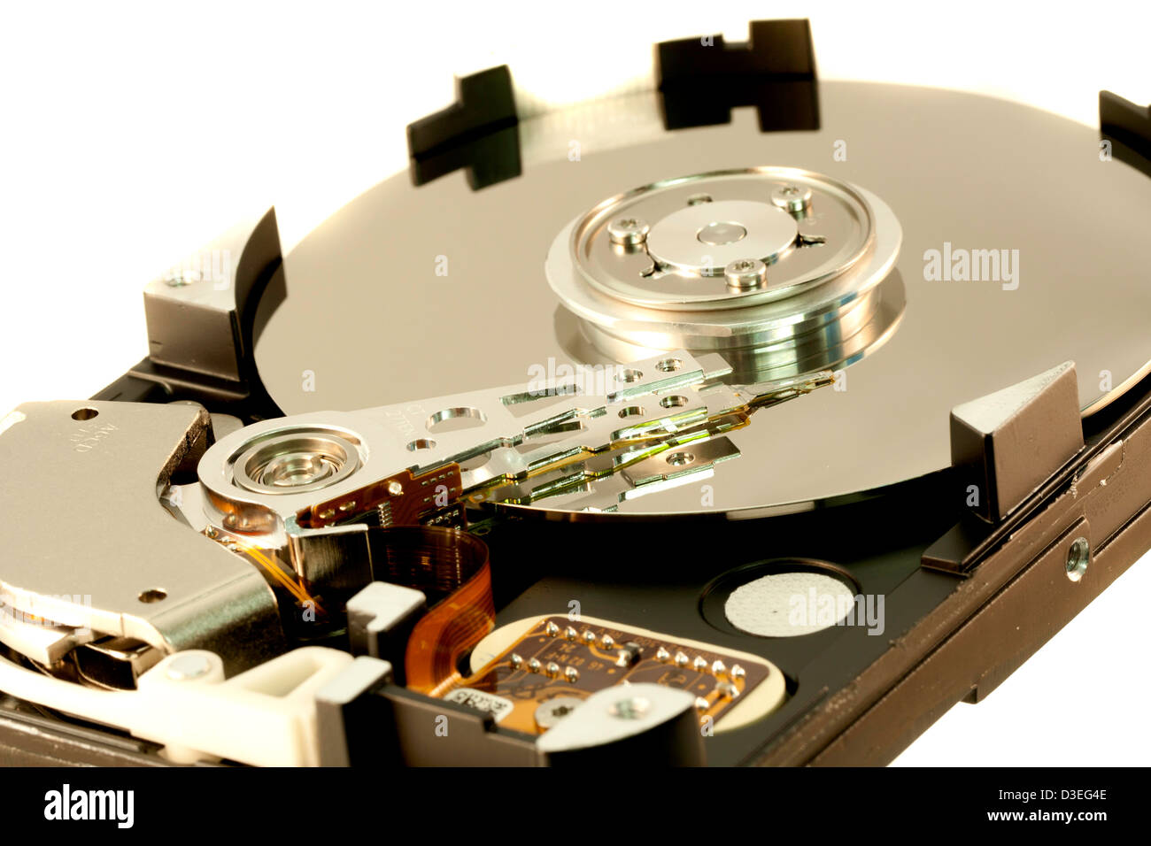 close view detail of the inside of a computer harddisk isolated on a ...