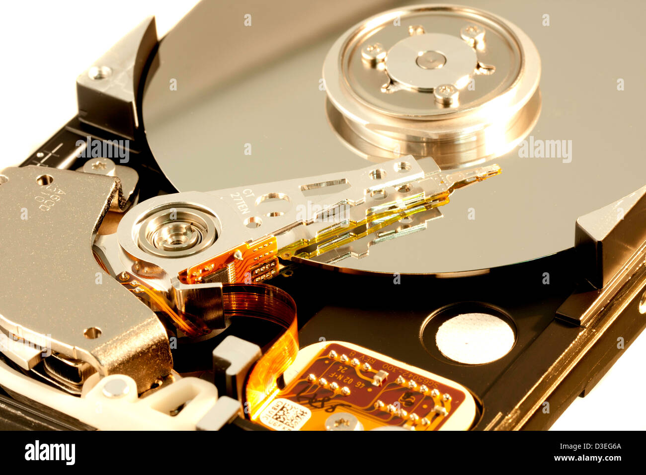 close view detail of the inside of a computer harddisk isolated on a ...